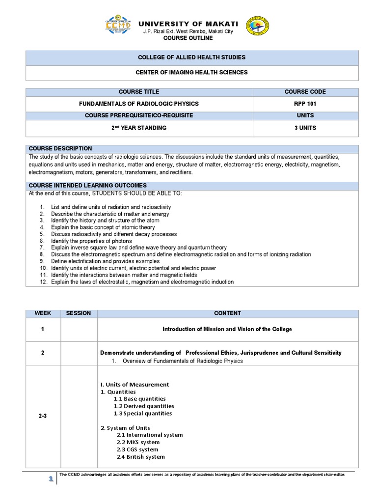 Fundamentals of Radiologic Physics Course Outline | PDF | Atoms ...