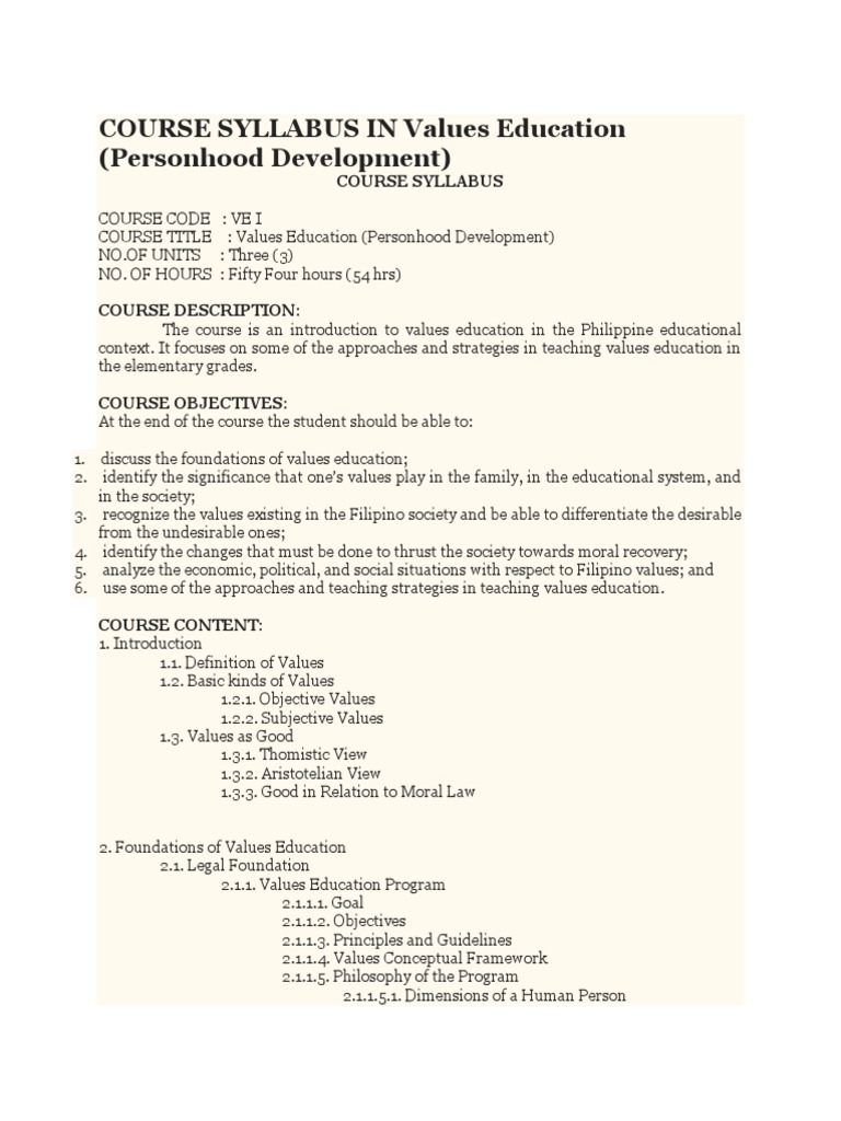 COURSE SYLLABUS IN Values Education | PDF | Value (Ethics) | Thomism