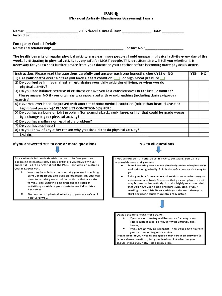 Par-Q: Physical Activity Readiness Screening Form | PDF | Chronic ...