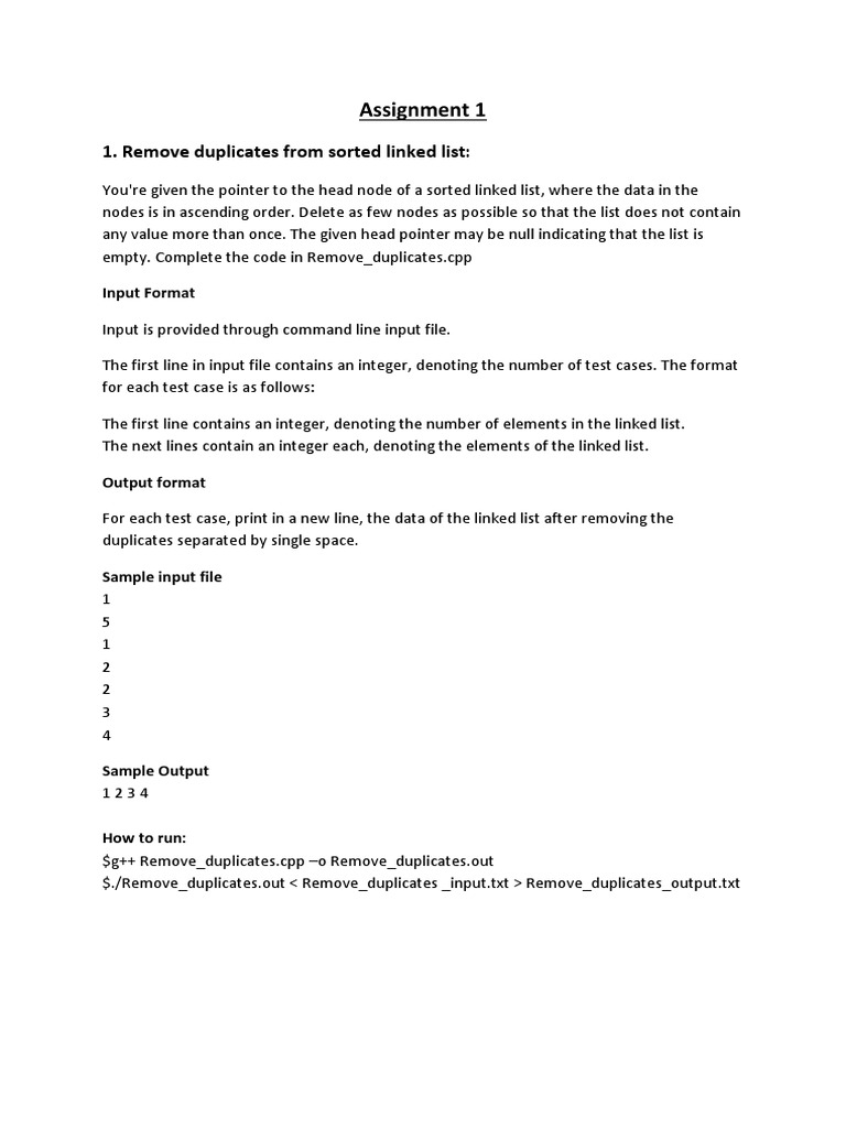 Remove Duplicates From Sorted Linked List:: Assignment 1 | PDF ...