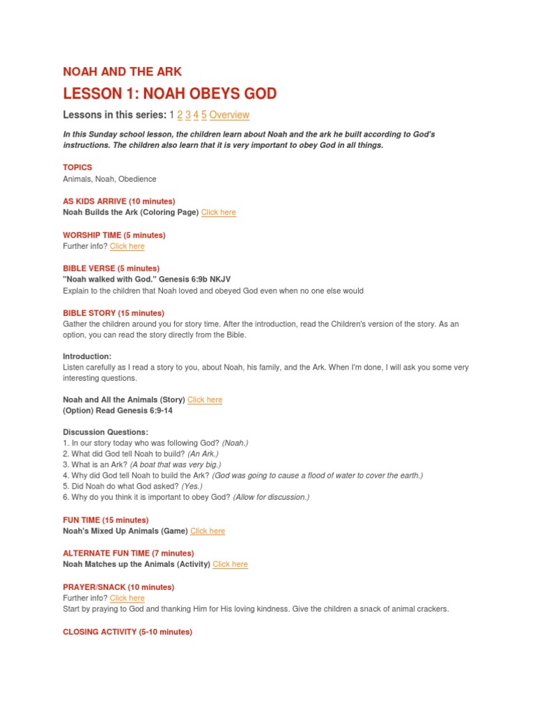 Lesson 1: Noah Obeys God: Noah and The Ark | PDF
