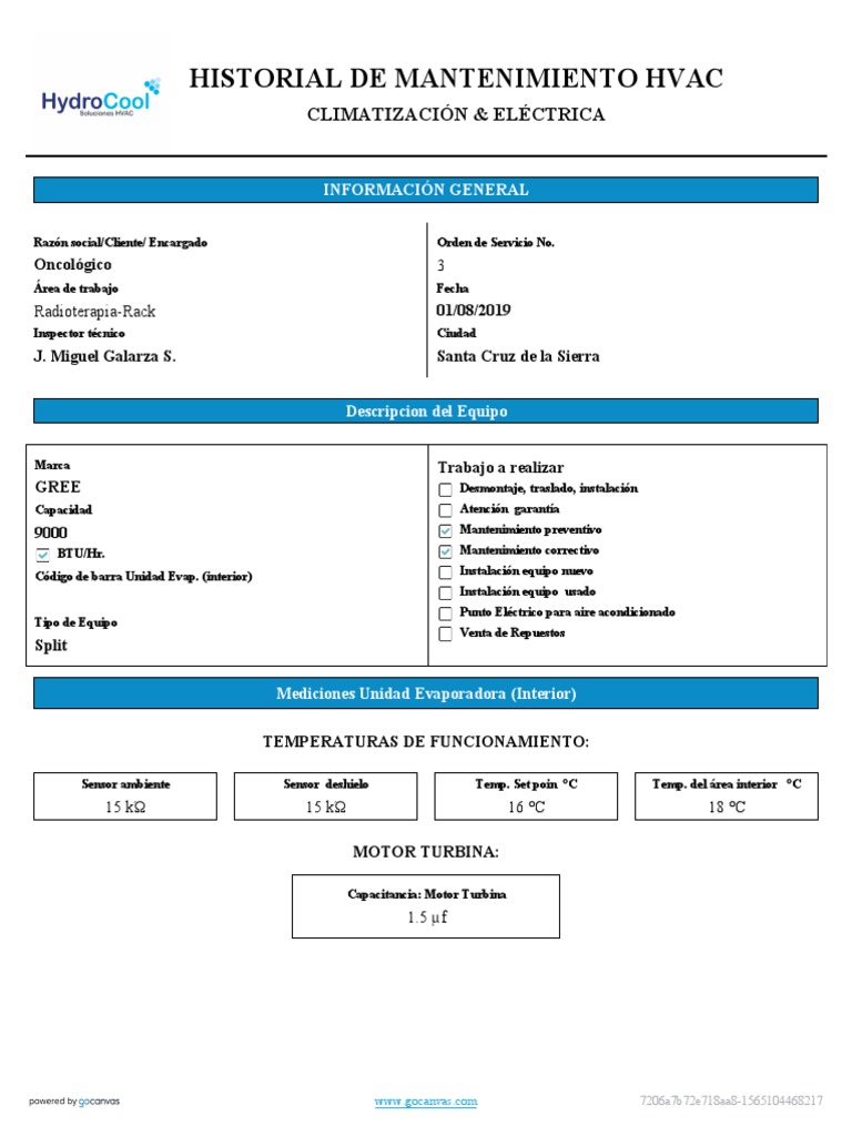 modelo de orden de servicio | Hvac | Ingeniería Termodinámica
