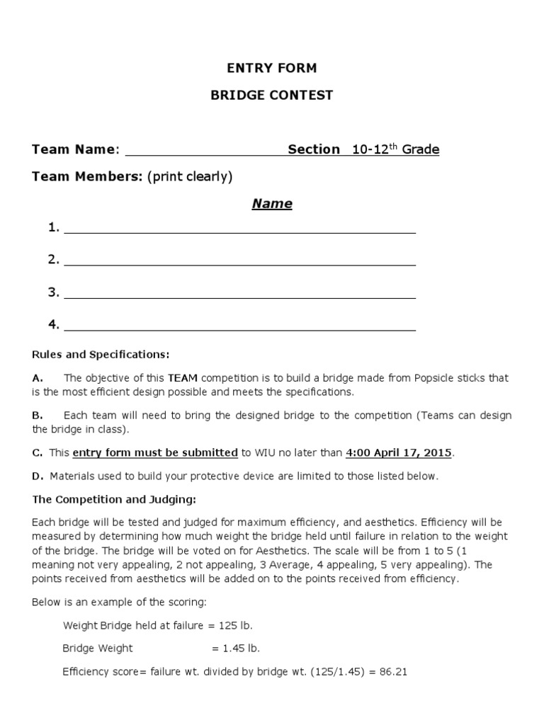 Grade: Entry Form Bridge Contest | PDF | Adhesive | Bridge