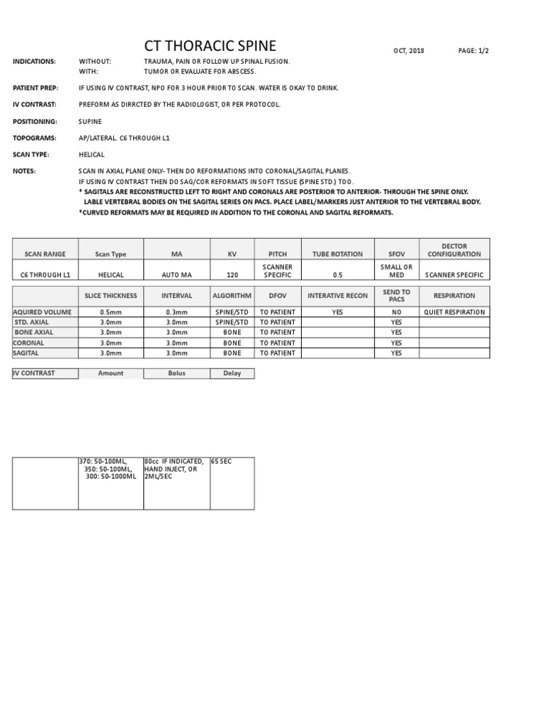 CT Thoracic Spine: Scan Range Scan Type MA KV Pitch Tube Rotation Sfov ...