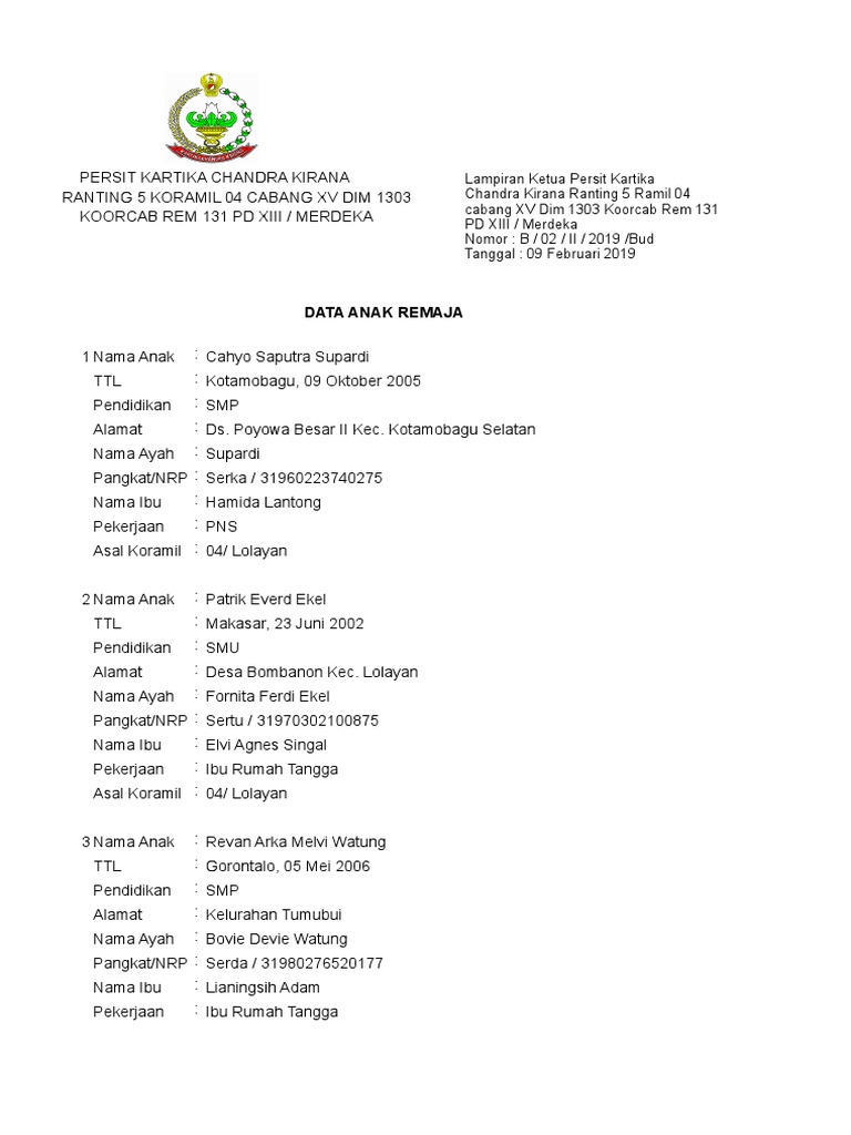 Data Anak Remaja Persit | PDF