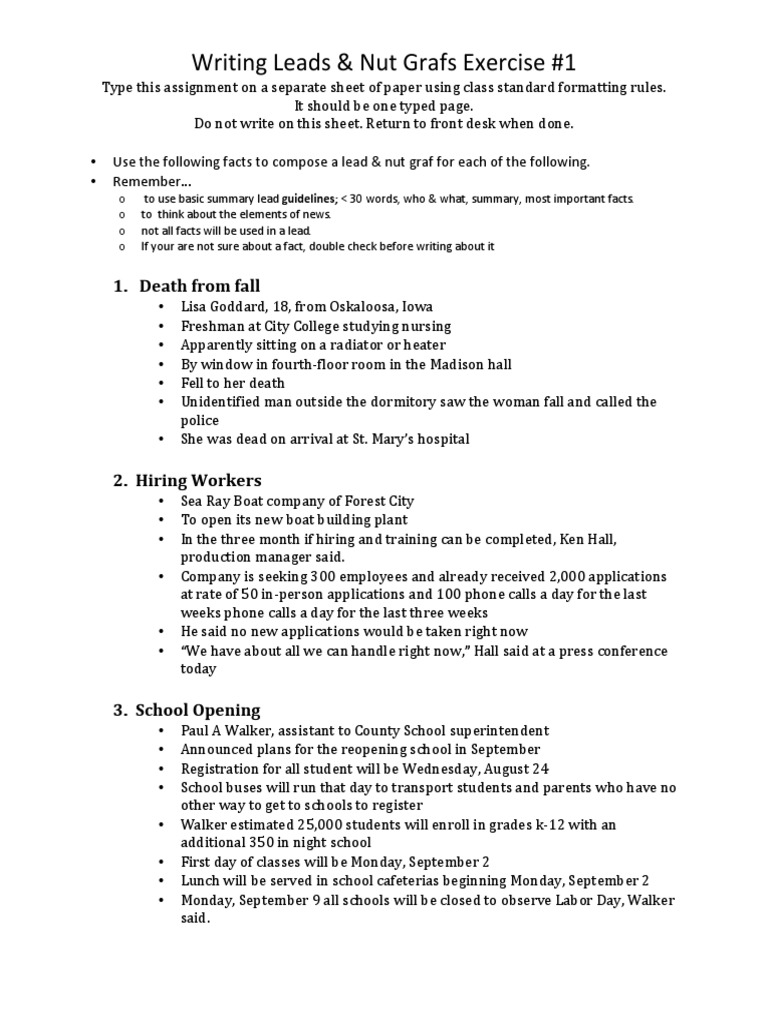 Writing Leads Nut Graf Exercise 1 | PDF
