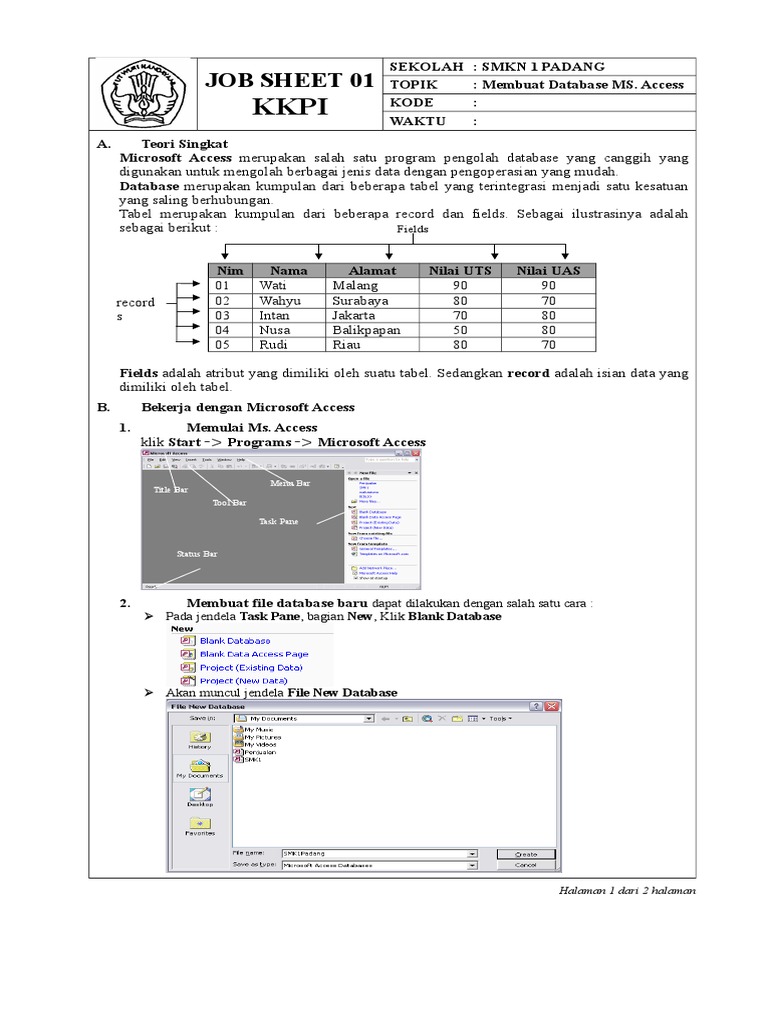 JOB SHEET 1 KKPI Membuat Database MS Access | PDF