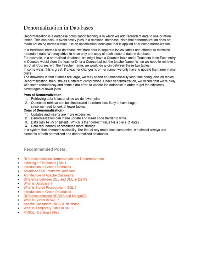 Denormalization in Databases: Recommended Posts | PDF | Databases | Sql