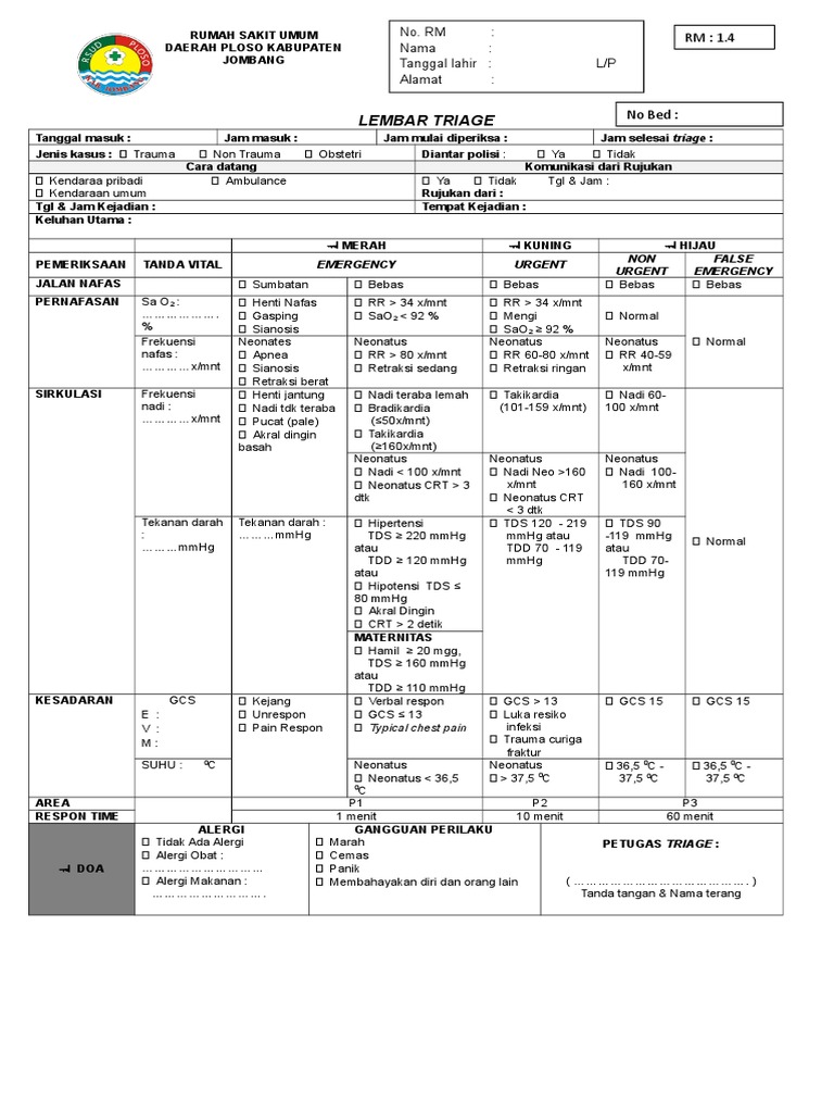 Lembar Triage: No. RM: Nama: Tanggal Lahir: L/P Alamat | PDF