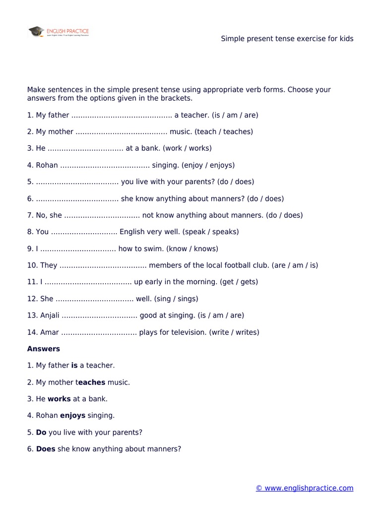 Simple Present Tense Exercise For Kids | Download Free PDF | Morphology ...