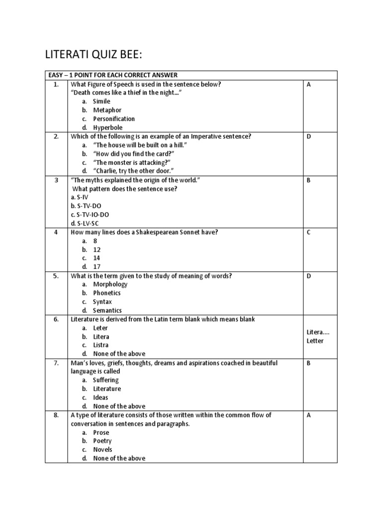 Literati Quiz Bee Easy and Average Literature Questions | PDF | Zeus ...