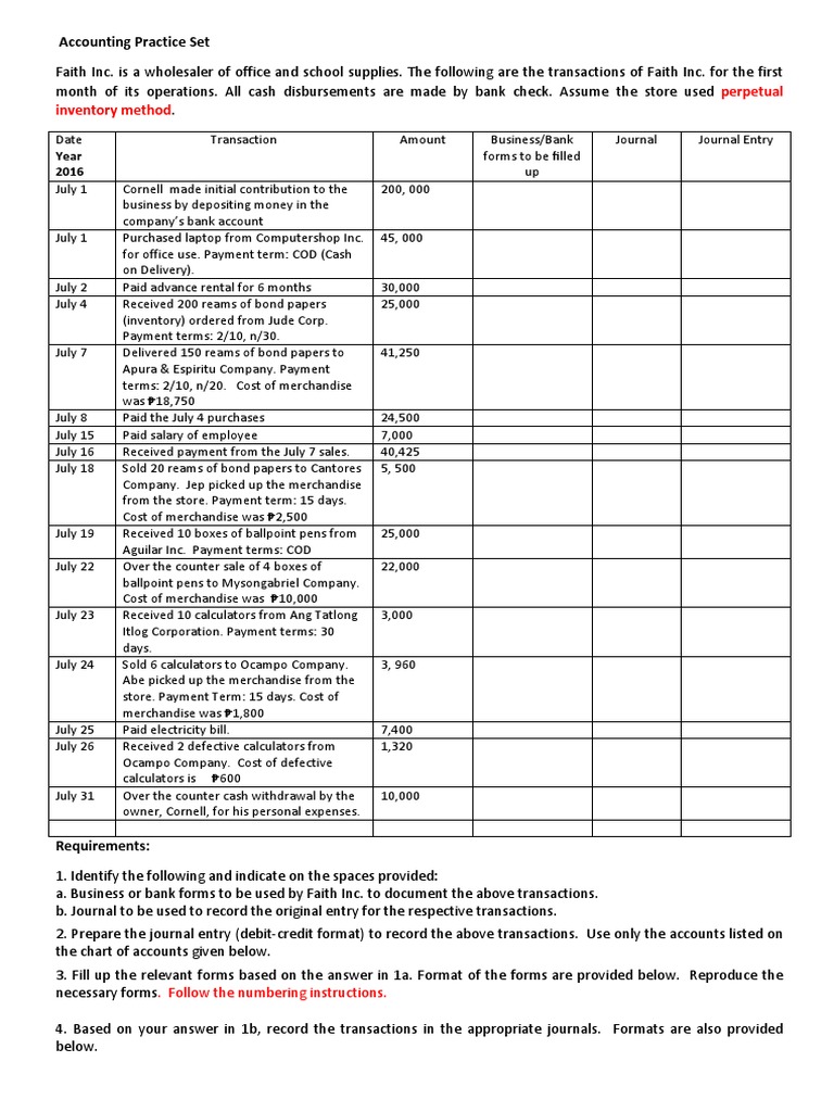 Perpetual Inventory Method: Accounting Practice Set | PDF | Debits And ...
