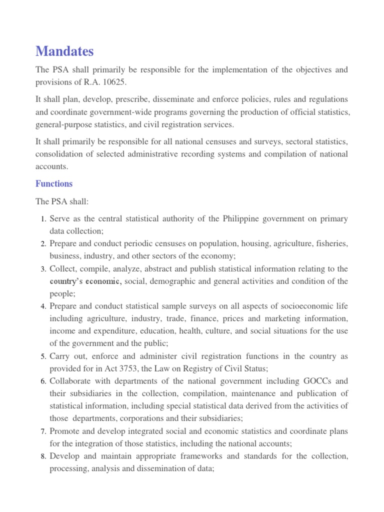 Mandates: Functions | PDF | Census | Official Statistics