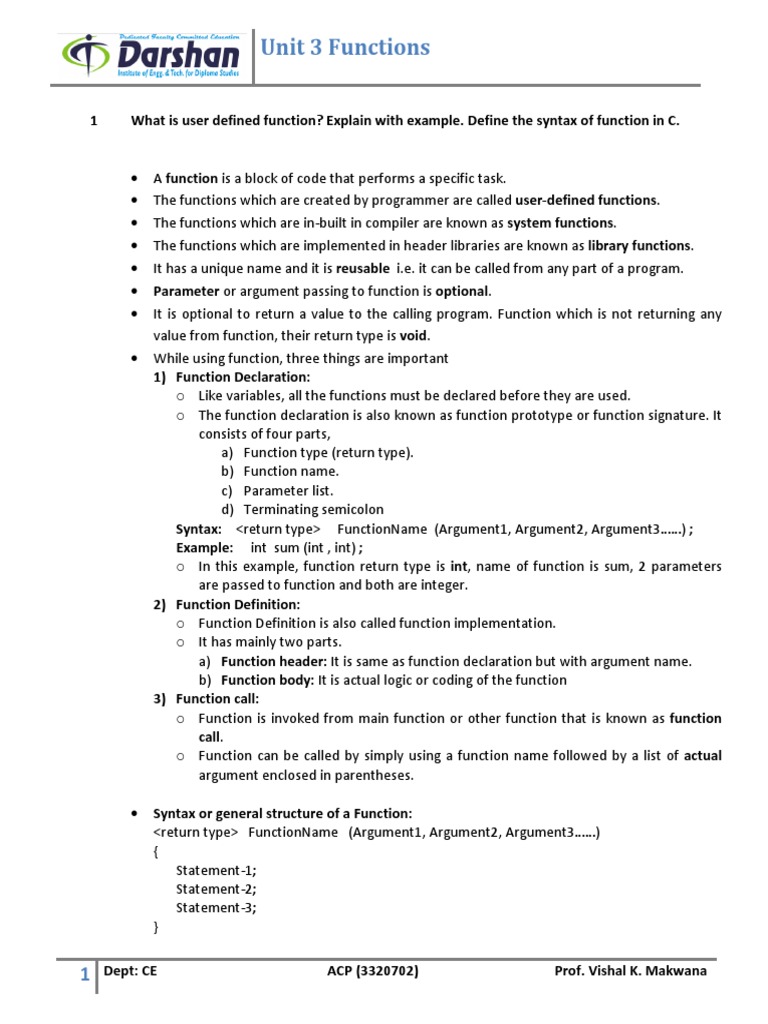 Exploring User Defined Functions In C Parameters Return Types And Categories Pdf