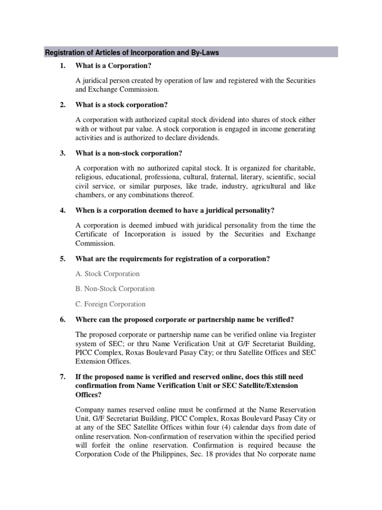 Registration of Articles of Incorporation and by | PDF | Corporations ...