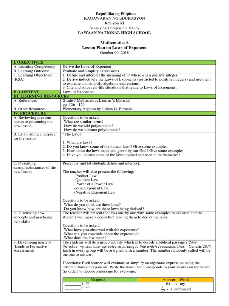 Mathematics 8 Lesson Plan On Laws of Exponent: Republika NG Pilipinas ...