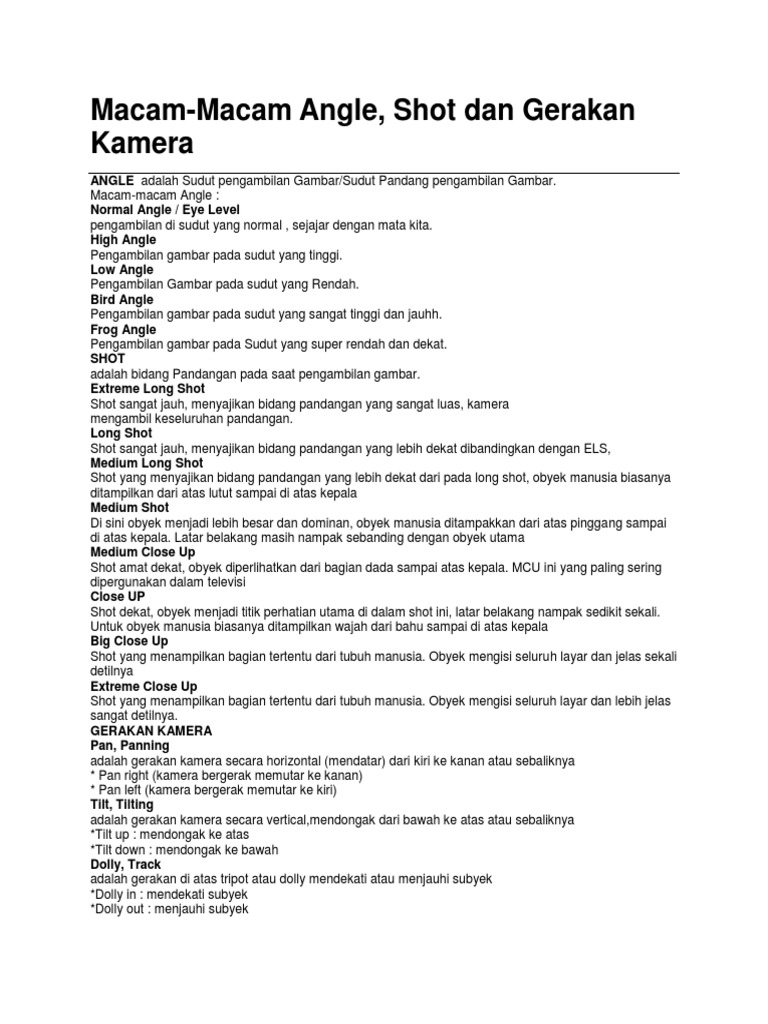 Jenis Angle dan Shot Kamera | PDF | Pengembangan Diri