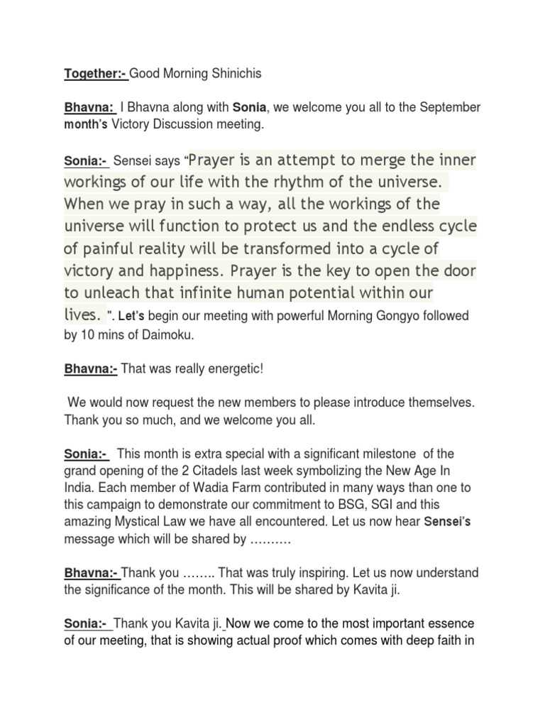 September SGI Victory Meeting Script | PDF | Religious Belief And ...