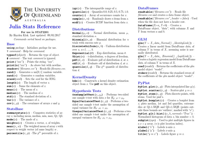Julia Reference Sheet | PDF | Median | Variance