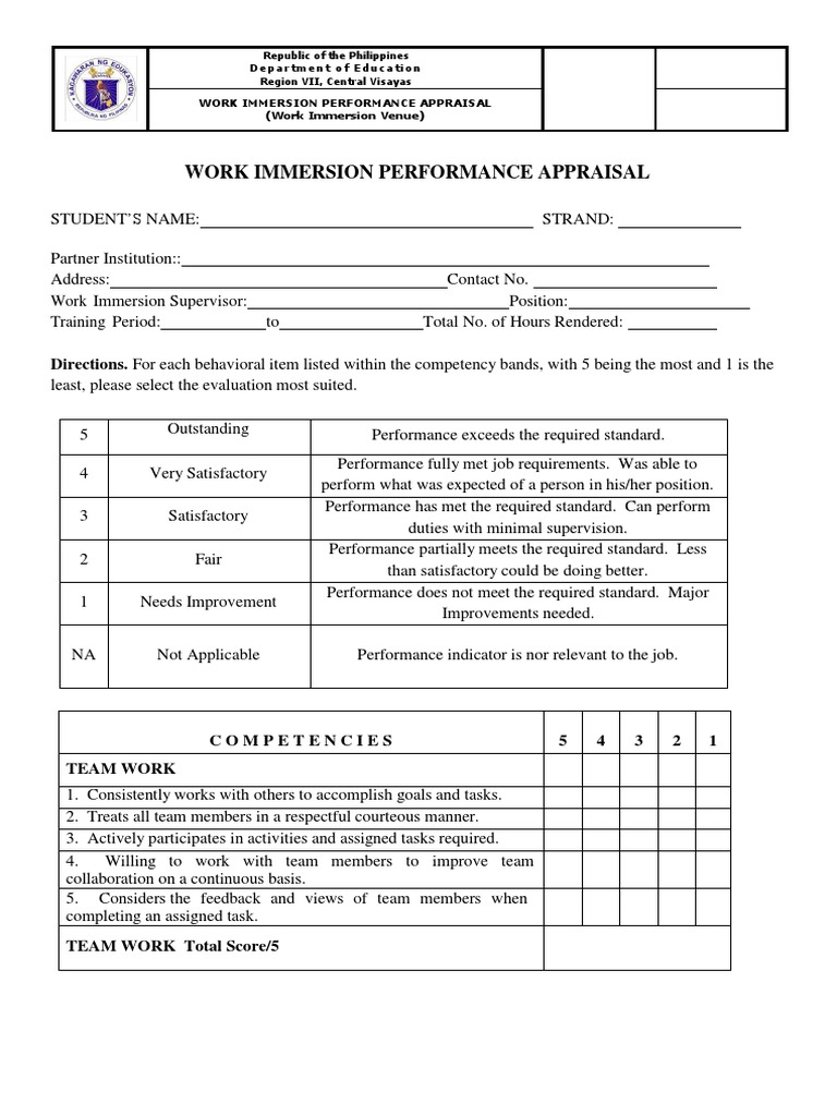 Work Immersion Performance Appraisal | PDF | Performance Appraisal ...