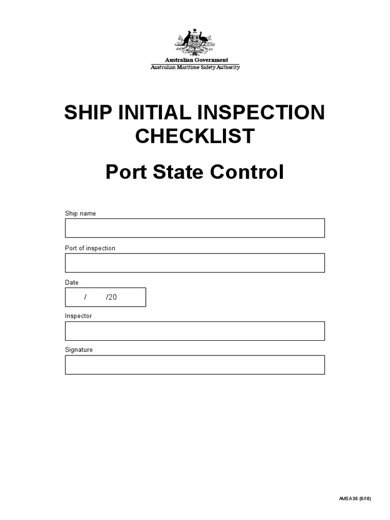 AMSA Ship Initial Inspection Checklist | PDF | Water Transport | Ships