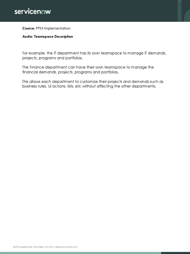 Course: PPM Implementation Audio: Teamspace Description | PDF