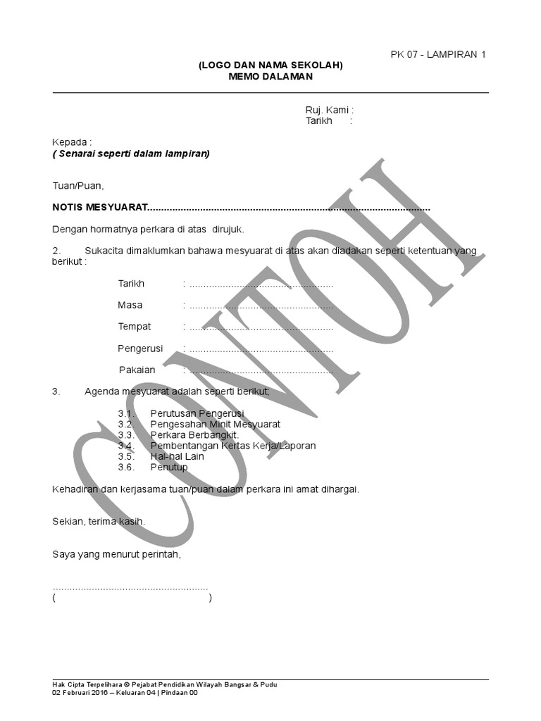 PK 07 LAMPIRAN 1 CONTOH MEMO DALAMAN at NOTIS MESYUARAT