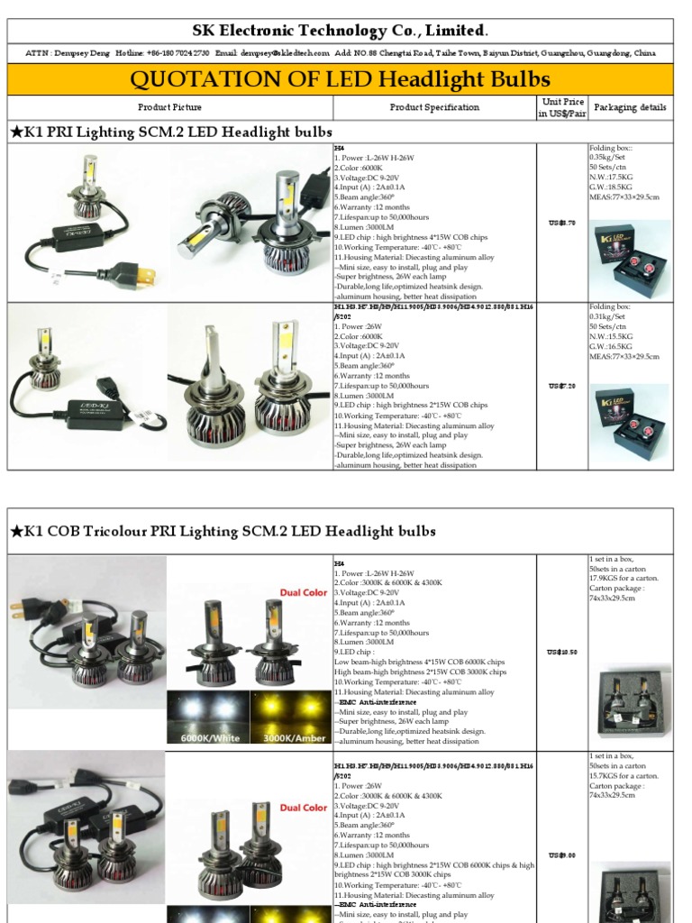 Quotation of LED Headlight Bulbs - SKLedtech - Dempsey | PDF | Headlamp ...
