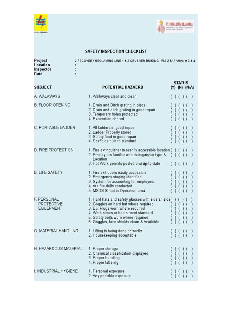 Safety Inspection Checklist Project: Location: Inspector: Date | PDF ...