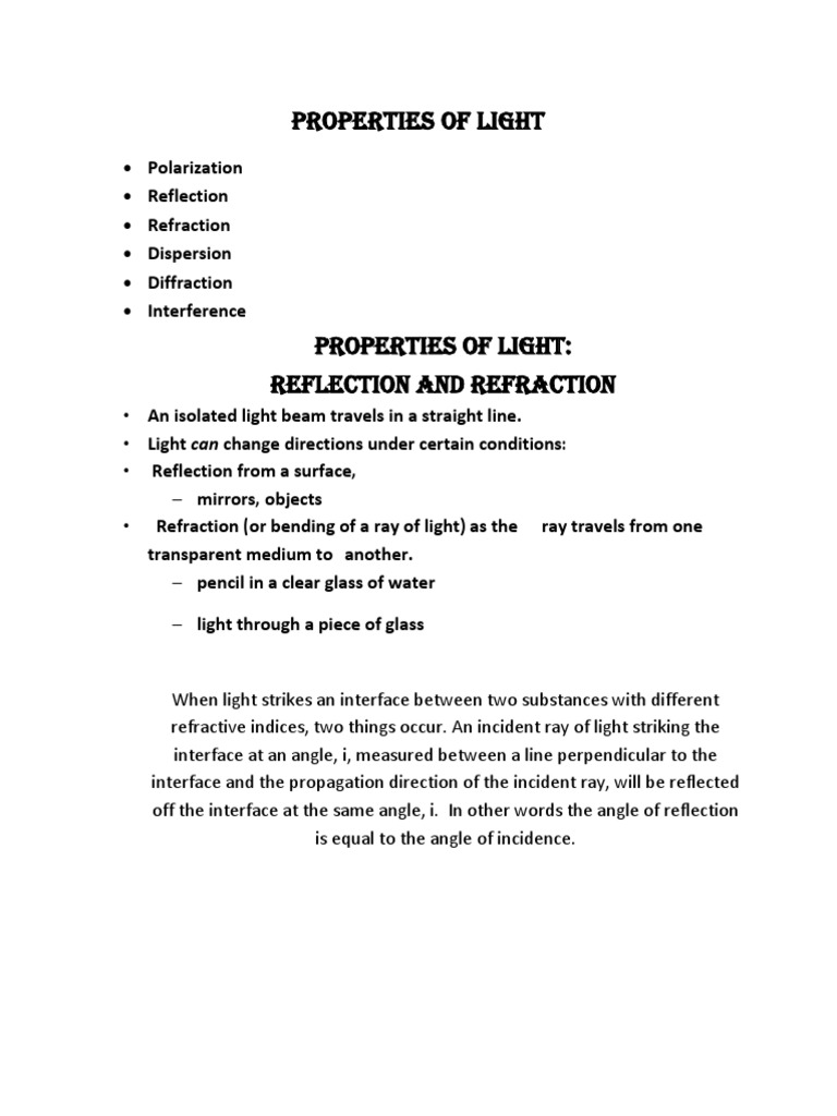 Properties of Light: Polarization Reflection Refraction Dispersion ...