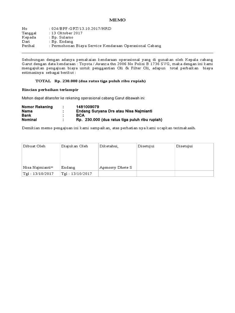 Contoh Memo Pengajuan Biaya | PDF