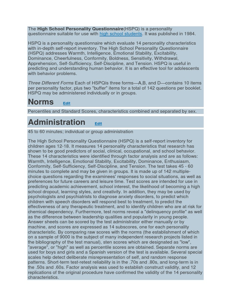 An Introduction to the High School Personality Questionnaire (HSPQ): A ...