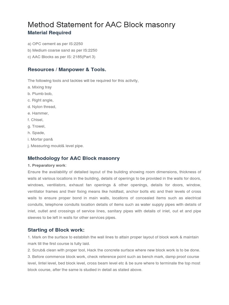 Method Statement For AAC Block Masonry: Material Required | PDF | Mortar (Masonry) | Masonry