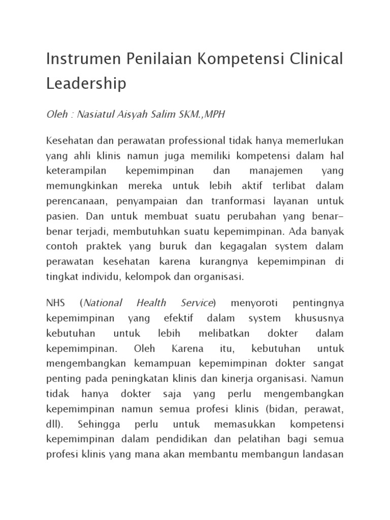 Instrumen Penilaian Kompetensi Clinical Leadership | PDF