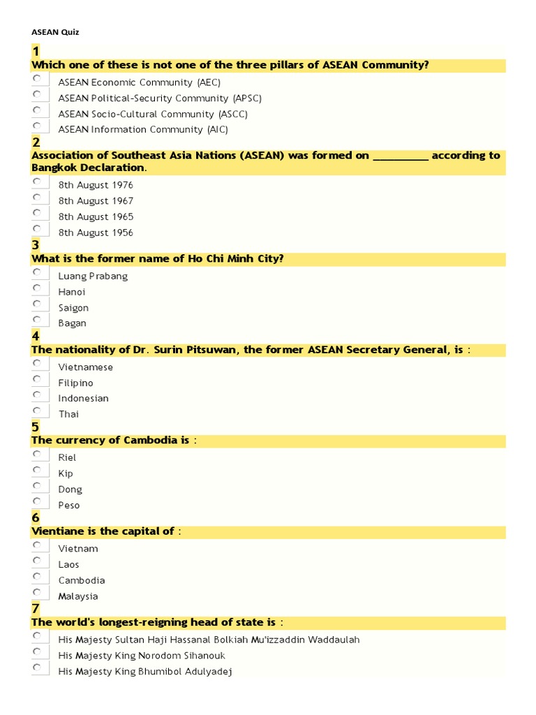 ASEAN Quiz Guide | PDF | Association Of Southeast Asian Nations ...