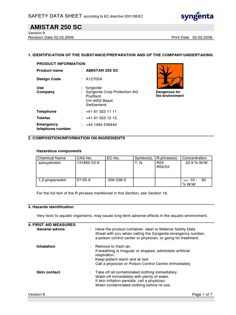 Amistar 250 SC Safety Data Sheet | PDF | Toxicity | Personal Protective ...