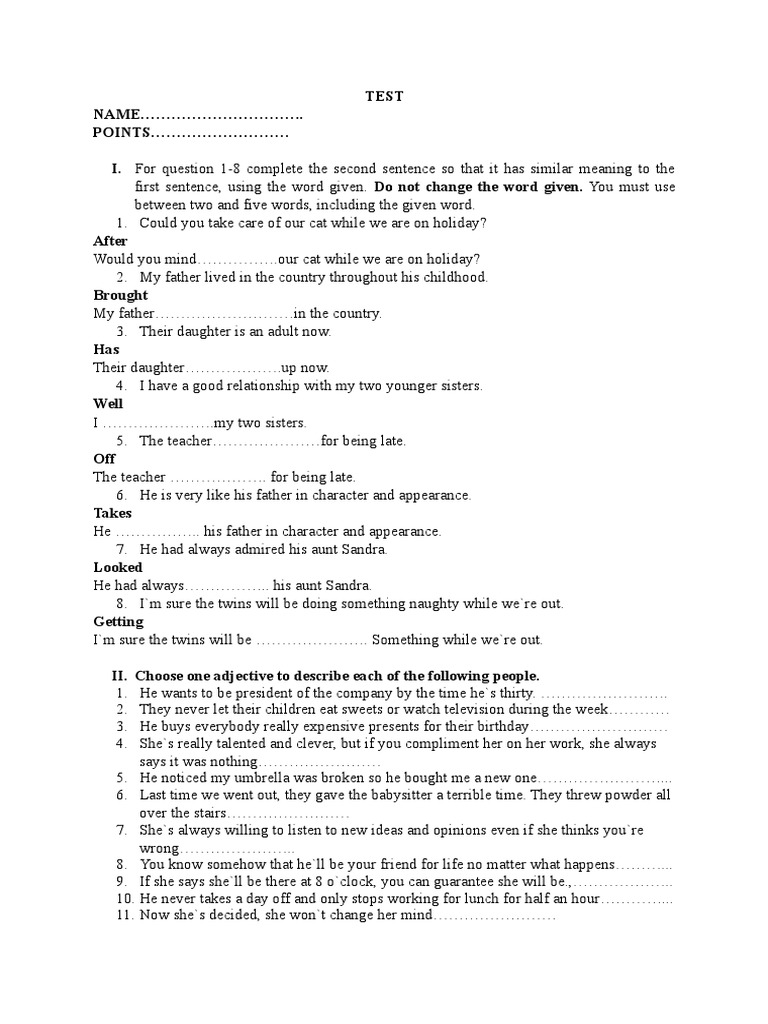 Test NAME .. POINTS I. For Question 1-8 Complete The Second Sentence So ...