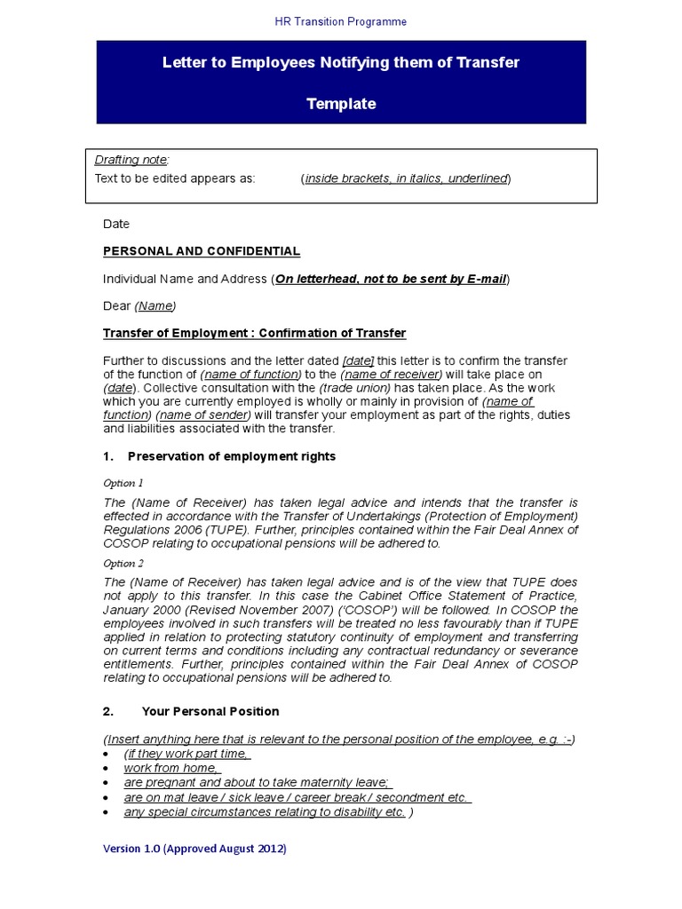 Letter To Employees Notifying Them of Transfer | PDF | Pension | Employment