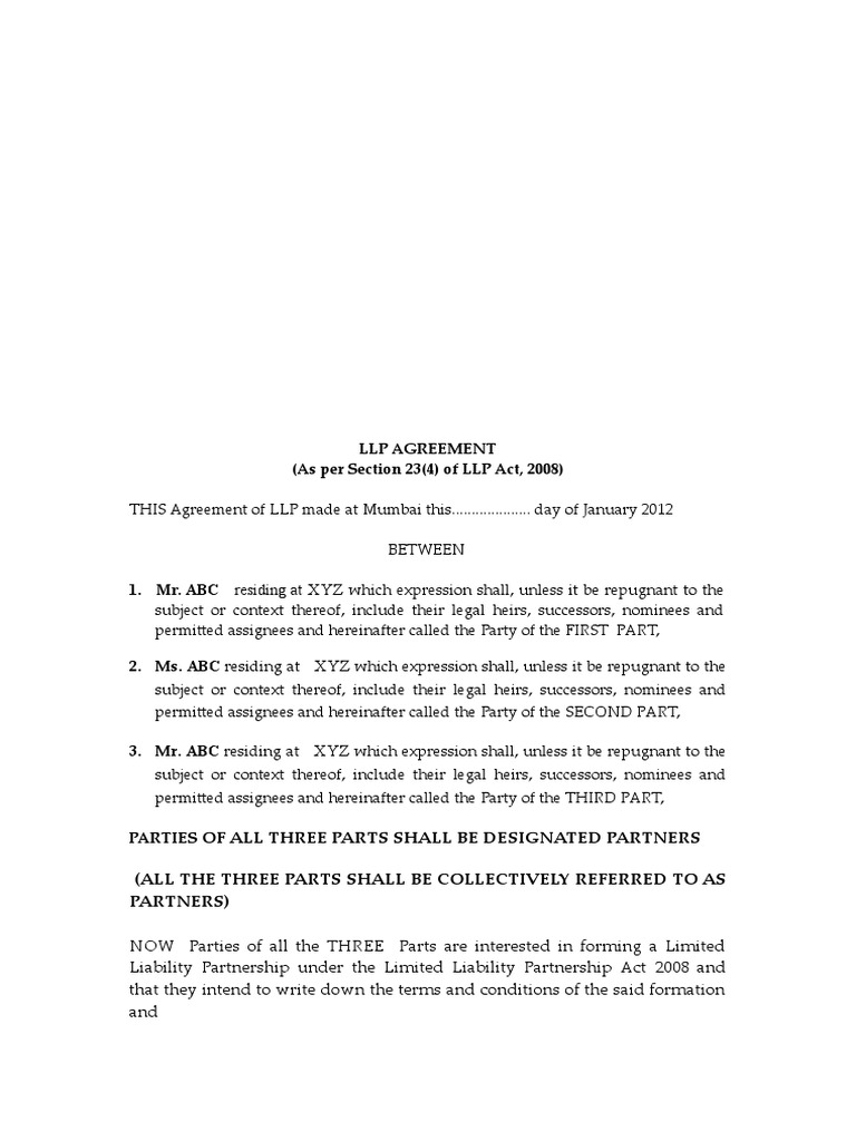 LLP Agreement (As Per Section 23 (4) of LLP Act, 2008) | PDF | Limited ...
