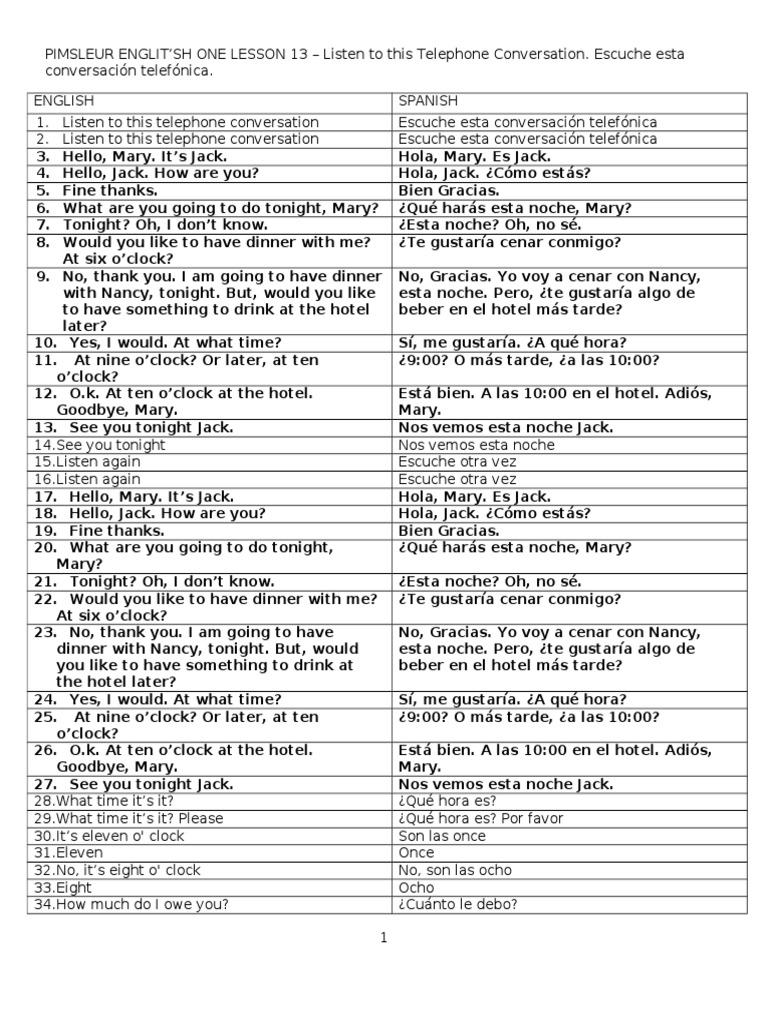 Leccion Numero 13 de Pimsleur English For Spanish Speakers 1 PDF | PDF ...