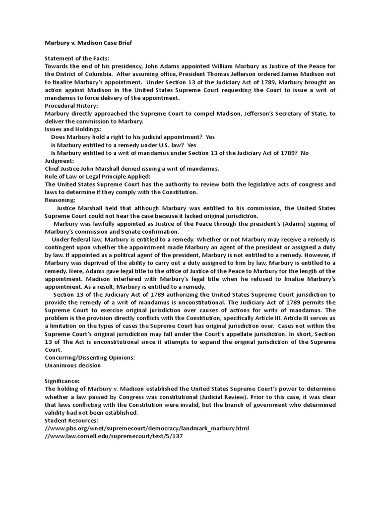 Marbury v. Madison Case Brief | PDF | Marbury V. Madison | Judiciary ...