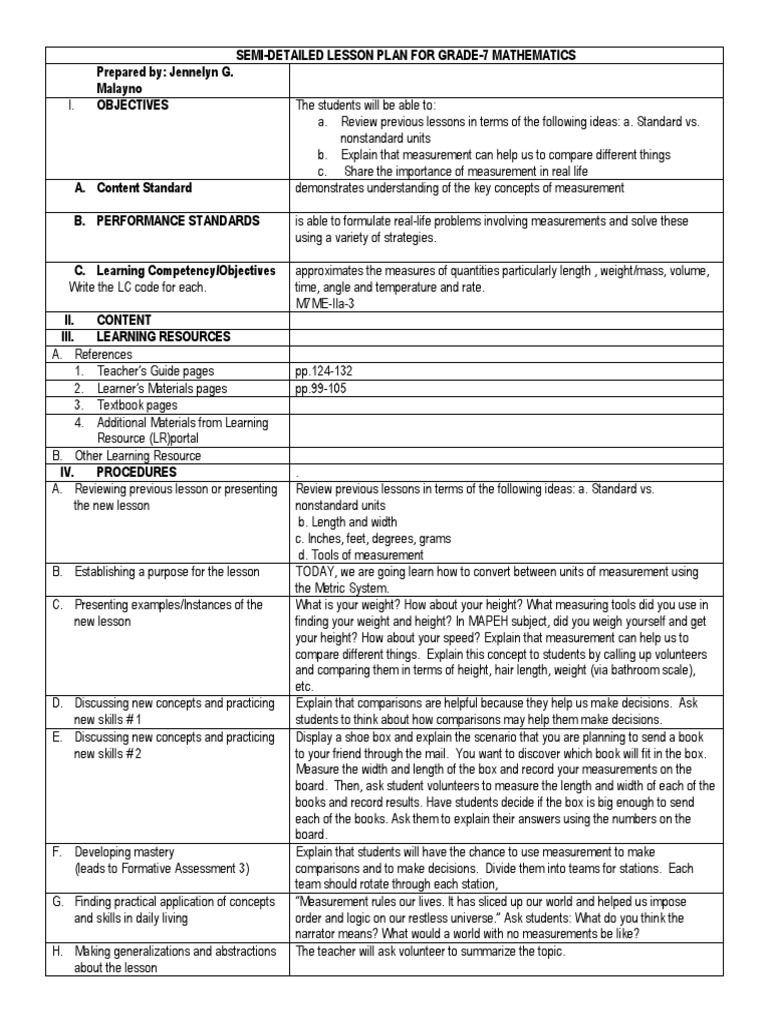 Semi-Detailed Lesson Plan For Grade-7 Mathematics Prepared By: Jennelyn ...
