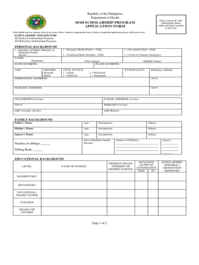 DOH Scholarship Application Form Sample | PDF | Family | Government