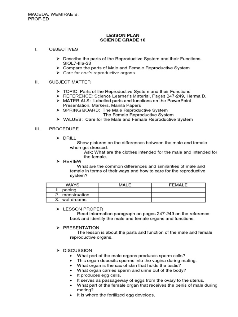 Lesson Plan Science 10 | PDF | Reproductive System | Sex Organ