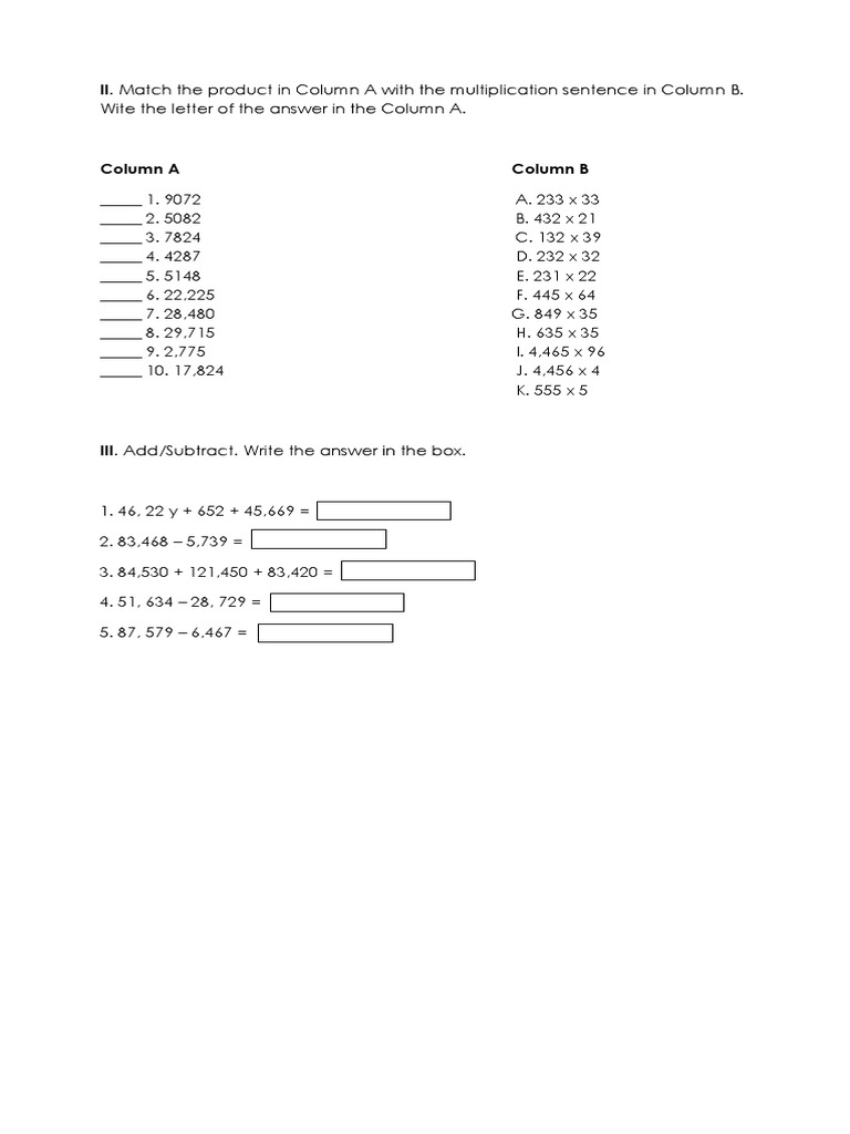 II. Match The Product in Column A With The Multiplication Sentence in ...