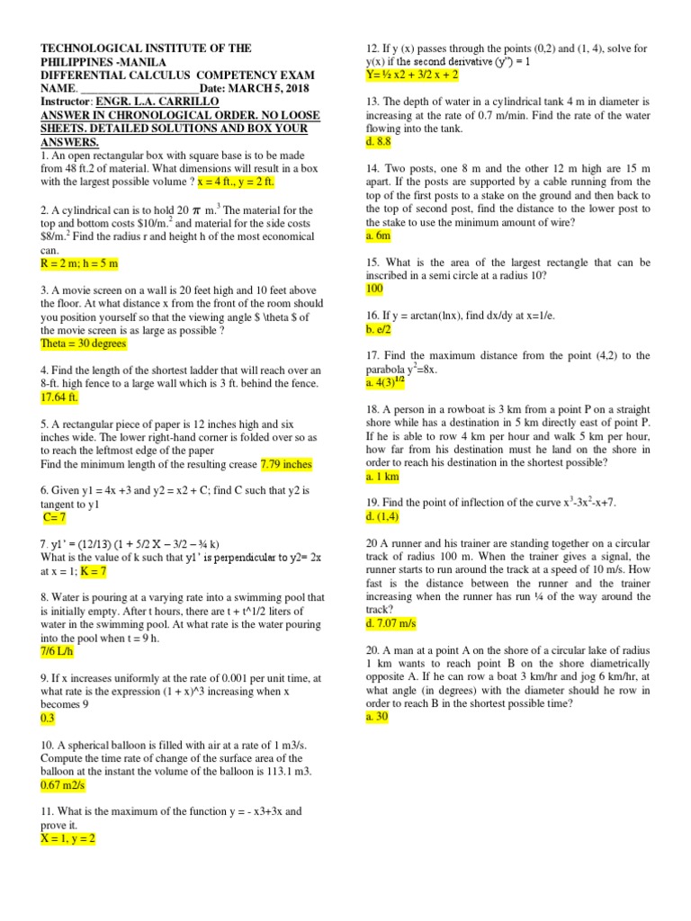 Differential Calculus Competency Exam | PDF | Area | Geometry