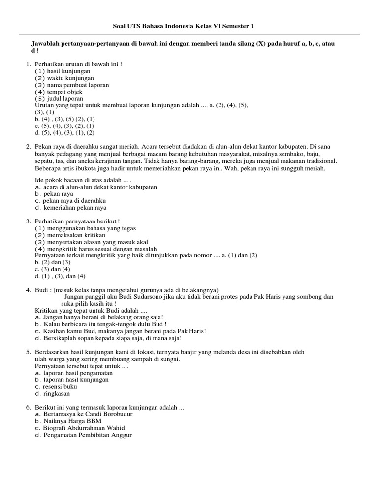 Soal UTS Bahasa Indonesia Kelas VI Semester 1 | PDF | Seni & Disiplin Bahasa
