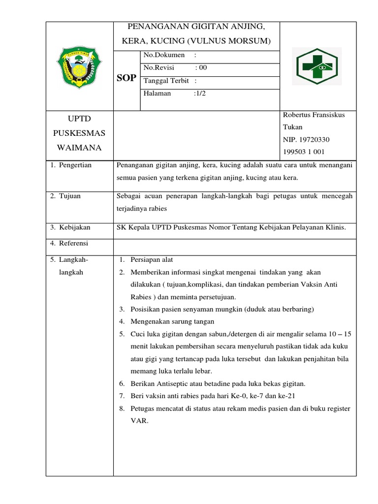 Sop Penanganan Gigitan Anjing, Kera, Kucing (Vulnus Morsum) | PDF
