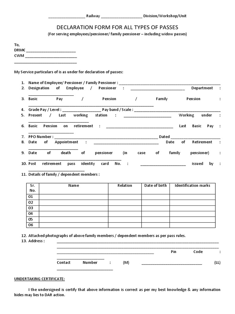 Form of Declaration For Pass PTO Complimentary Pass | PDF | Government ...