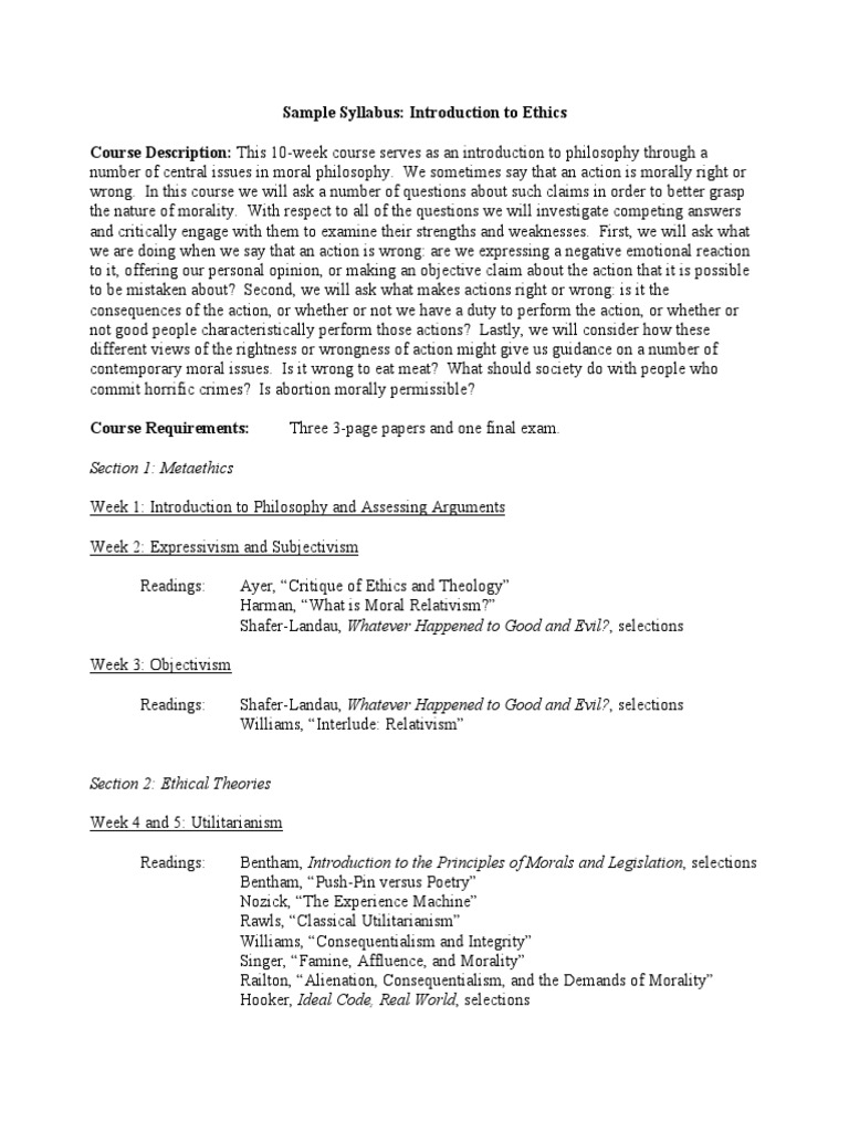 Sample Syllabus: Introduction To Ethics Course Description: This 10 ...